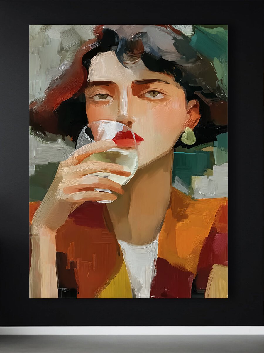 Картина на холсте - "Абстрактное лицо девушки с болкалом вина, минимализм, масло" , 30х40 см.