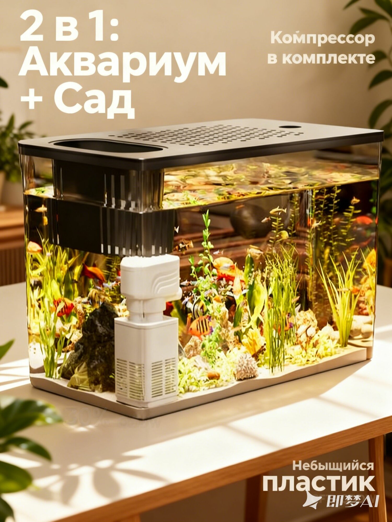 Аквариум настольный 12л пластиковый с гидропоникой, прямоугольный 31 см, черная крышка + компрессор, для рыбок и растений, мини аквариум для петушка