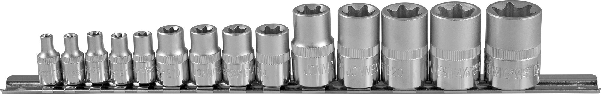 Набор головок торцевых 1/4", 3/8", 1/2"DR, Е4-E24, 14 предметов, S06H414S, Jonnesway