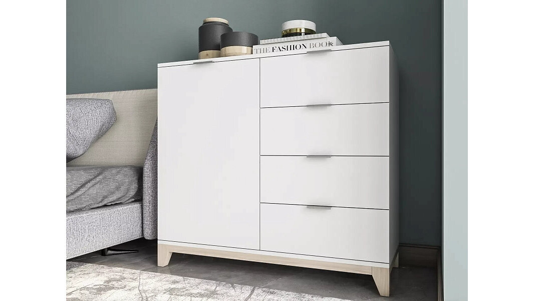 Комод Хелен 47 Белый Фасадный 0101 PE / Бук Бавария 0381 PR NEW 100x45x90 см, GOODFORM