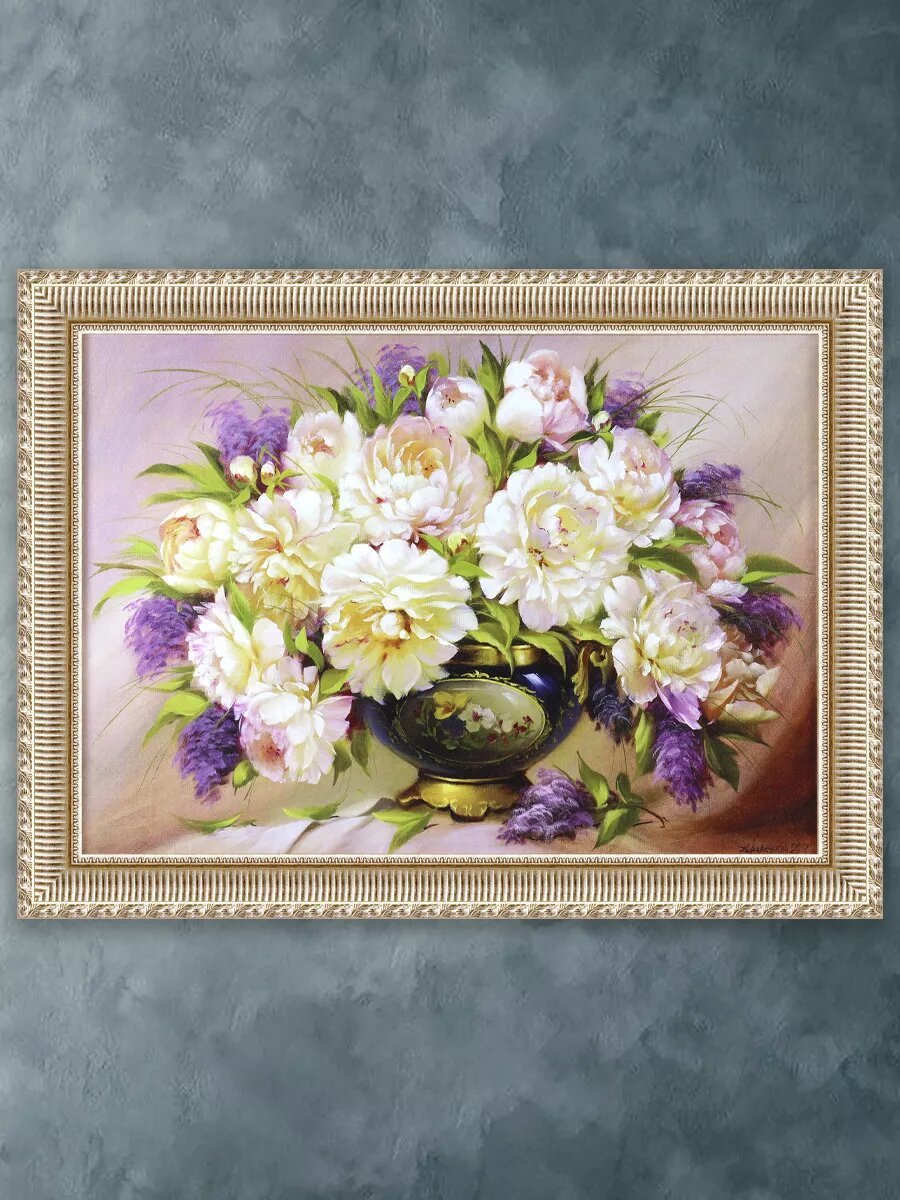Большая картина на стену в белой раме Цветы Пионы в Вазе