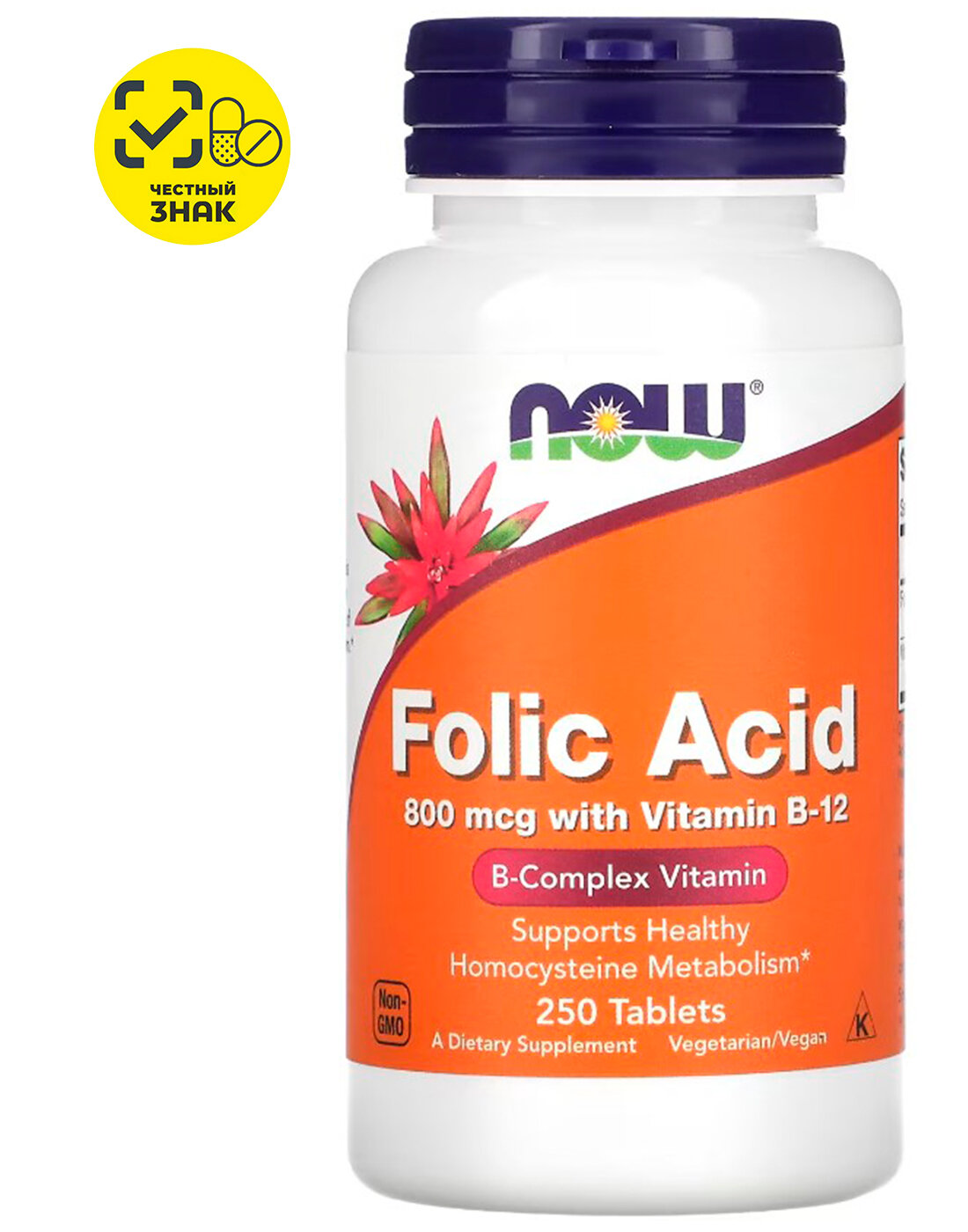 Now Foods, Folic Acid, фолиевая кислота с B-12, 800 мкг, 250 таблеток