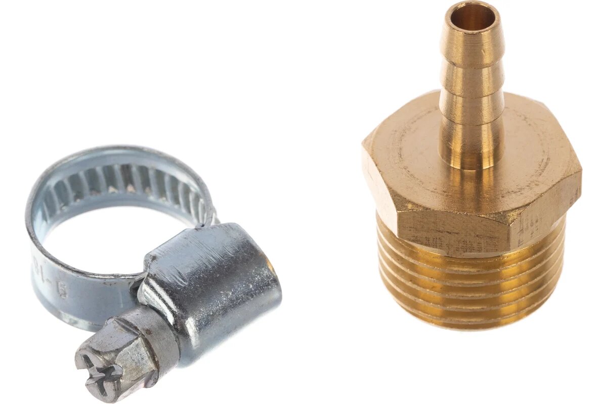 Штуцер пневматический RockForce, наружная резьба 1/2" - "елочка" 6 мм (к-т 2 шт. + хомуты для крепежа) в блистере