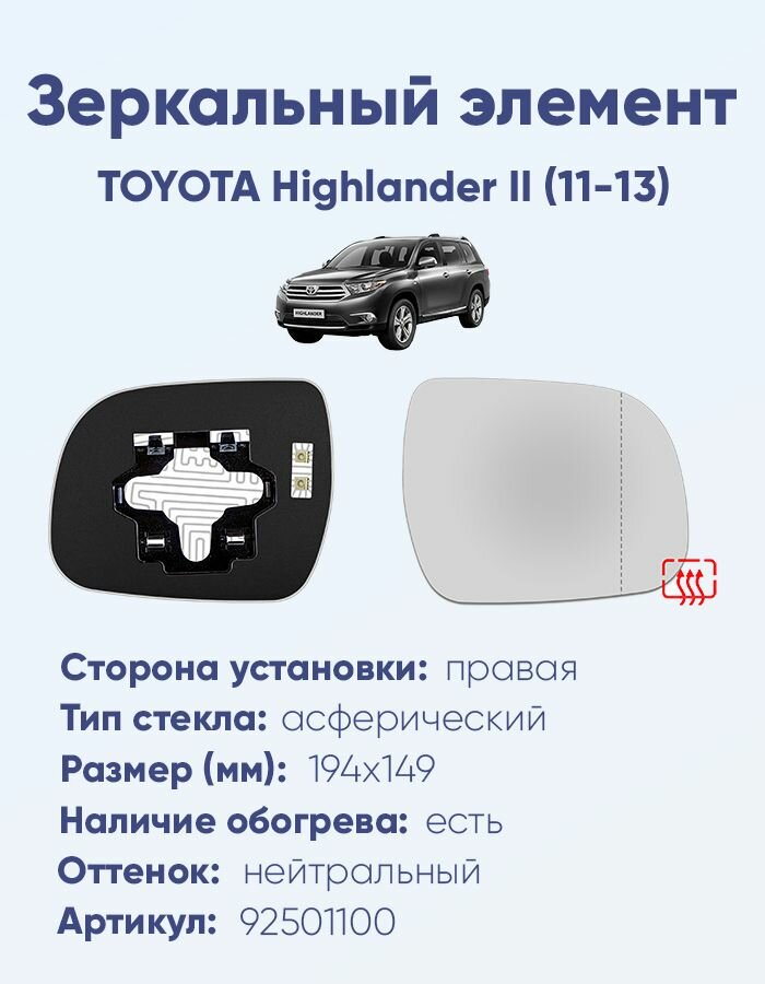 Зеркальный элемент правый TOYOTA Highlander II (11-13) асферика нейтральный с обогревом
