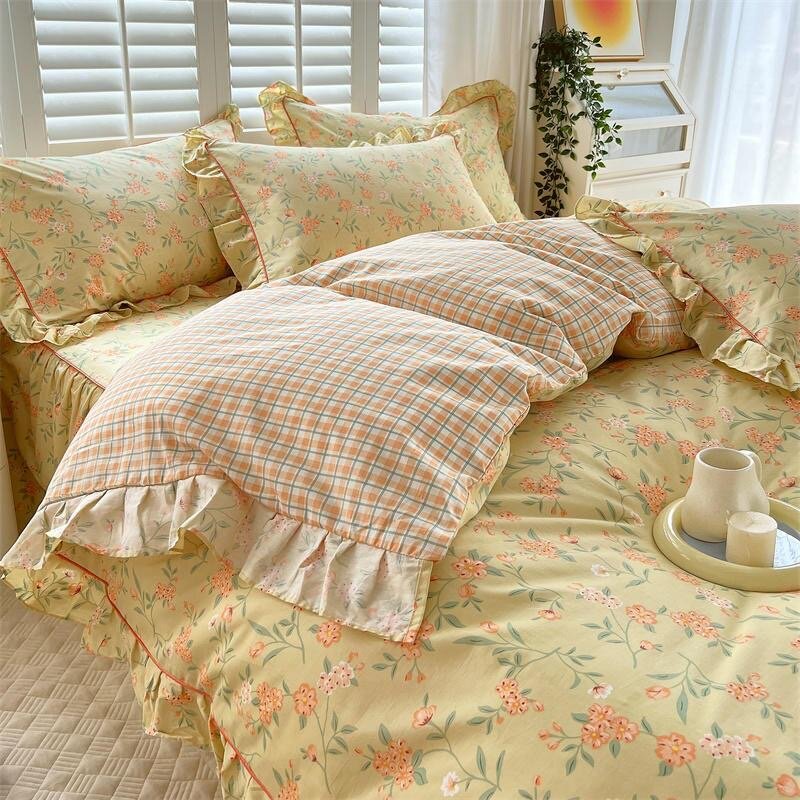 INS корейского стиля с винтажным цветочным принтом, 100% хлопок, комплект постельного белья из 4 предметов，200*230cm