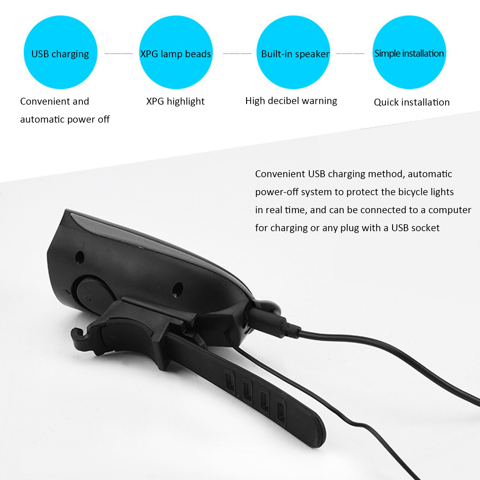 Передний фонарь для велосипеда с звуковым сигналом, зарядка через USB, ночной фонарь для езды, водонепроницаемый фонарик, черный фонарик