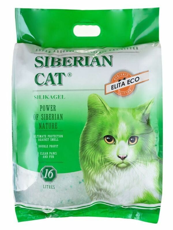 Наполнитель Сибирская Кошка "Элитный ECO" впитывающий силикагель без запаха (зелёные гранулы), 16л