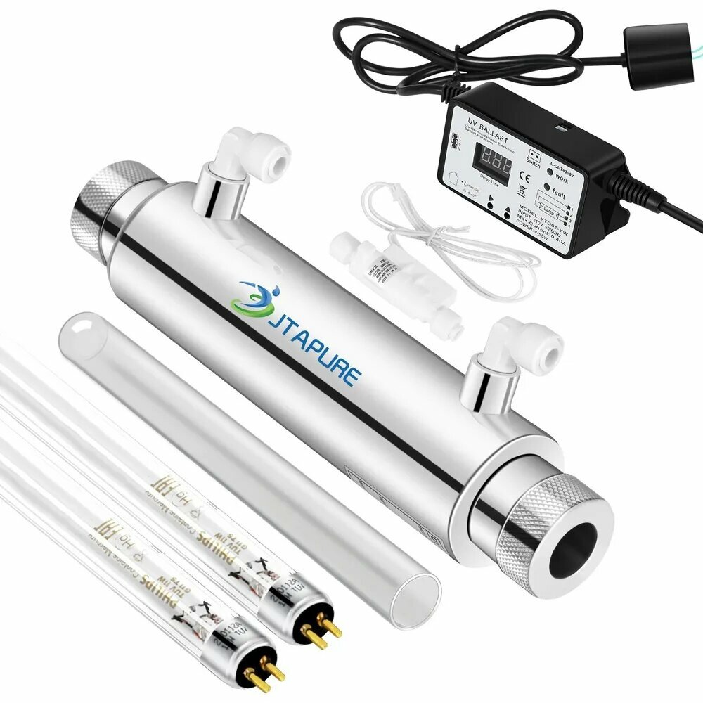 Ультрафиолетовый очиститель воды JTAPURE, 1 GPM (0,2м3 / ч, 11Вт) уф фильтр, С реле протока воды, включает в себя запасную ультрафиолетовую лампу и кварцевую обсадную колонну, Вход и выход 1/4"