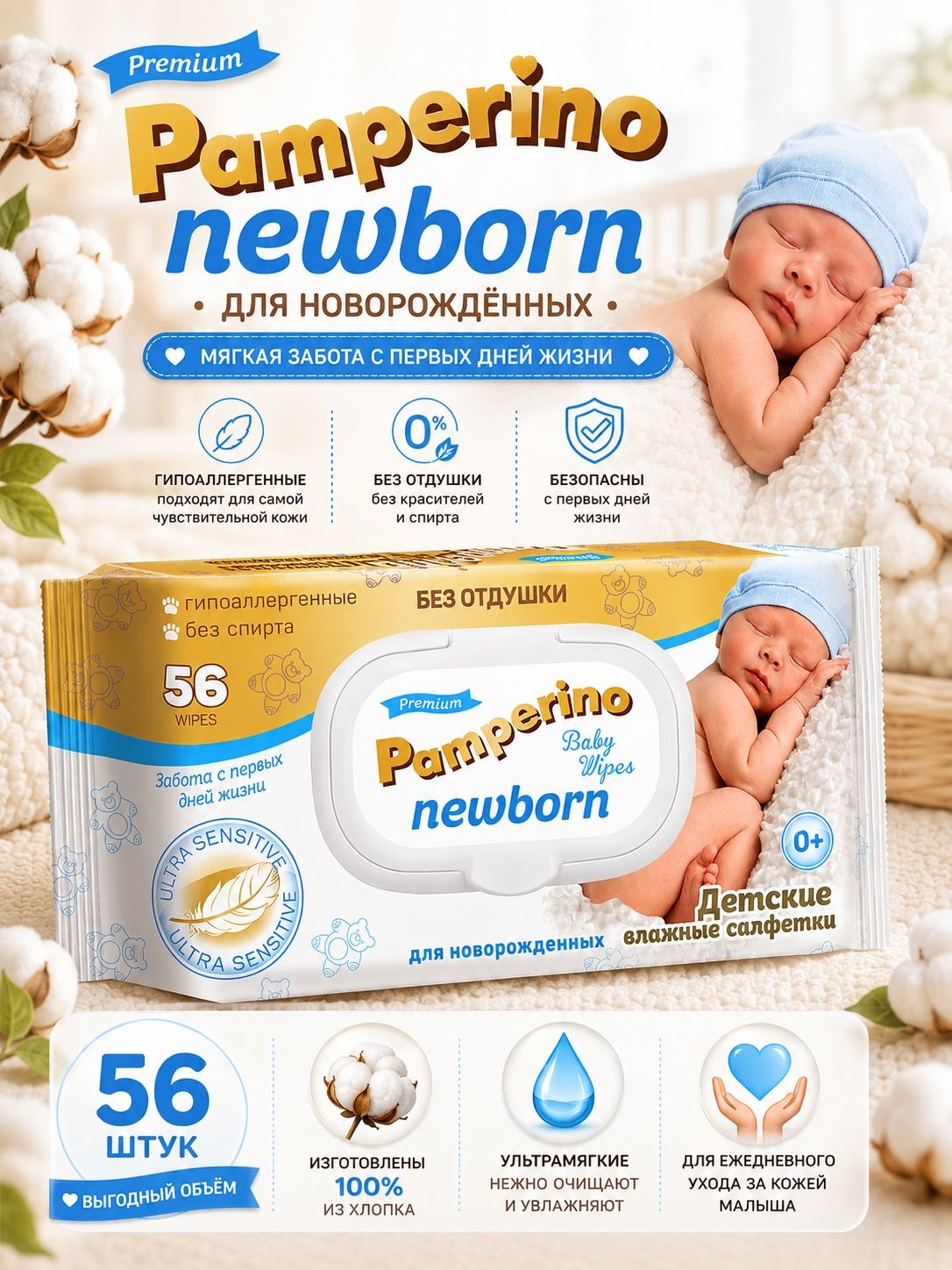 Влажные салфетки PAMPERINO Newborn 56 шт