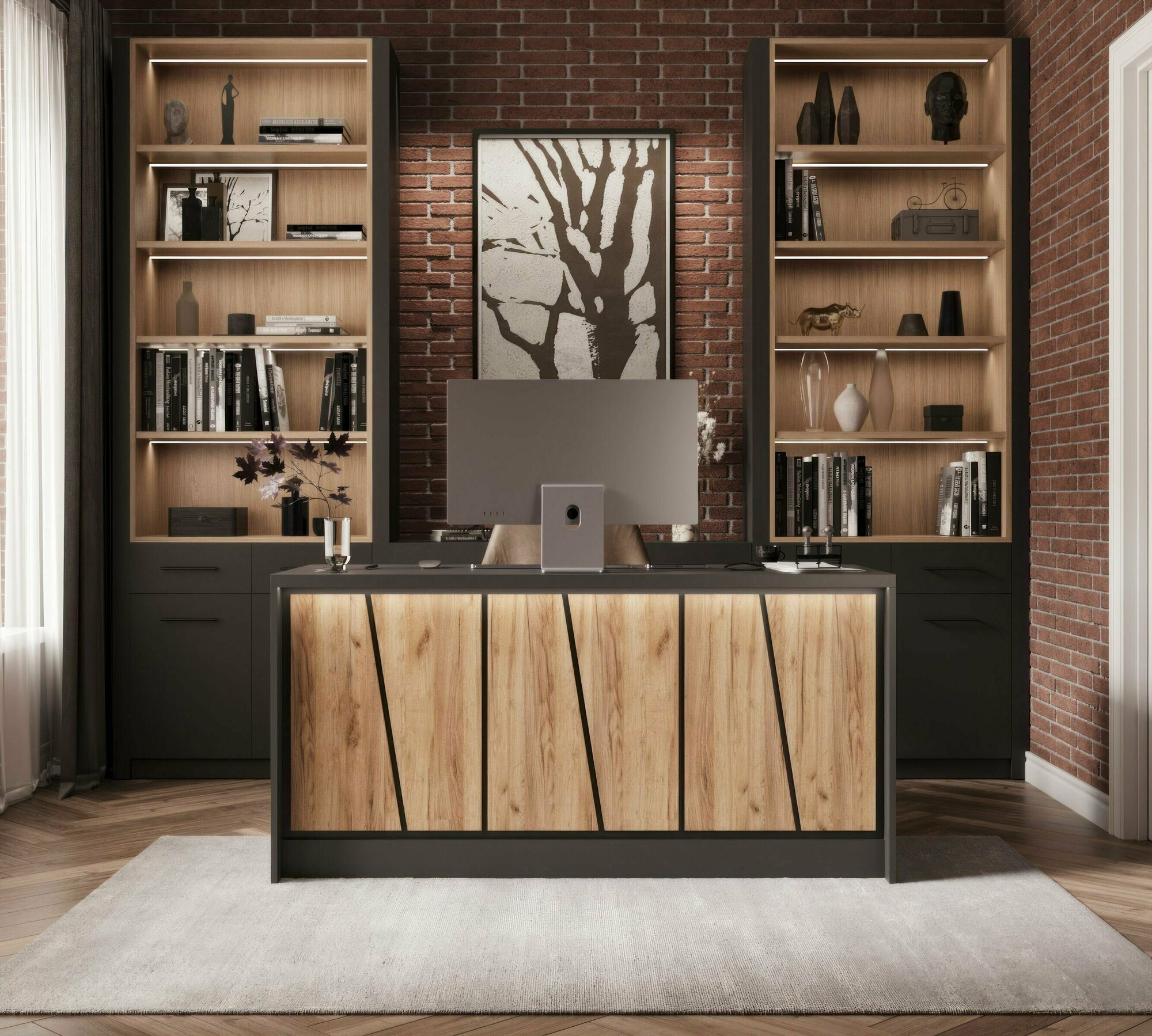 Письменный Стол 3D Черный + Дуб Вотан, 1200х600х750, С Подсветкой RGB Premium