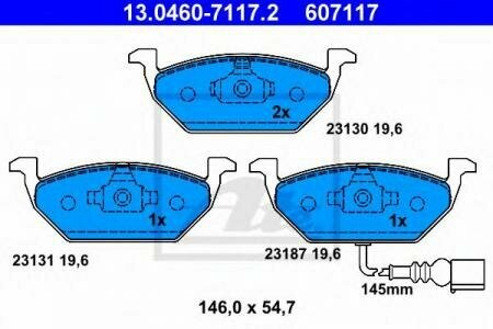 Колодки тормозные дисковые передн, AUDI: A2 1.4/1.4 TDI/1.6 FSI 00-05, A3 1.6/1.8/1.8 T/1.8 T QUATTRO/1.9 TDI/1.9 TDI QUATTRO 96-03, A3 1.2 TSI/1.4 T, 13046071172 ATE 13.0460-7117.2