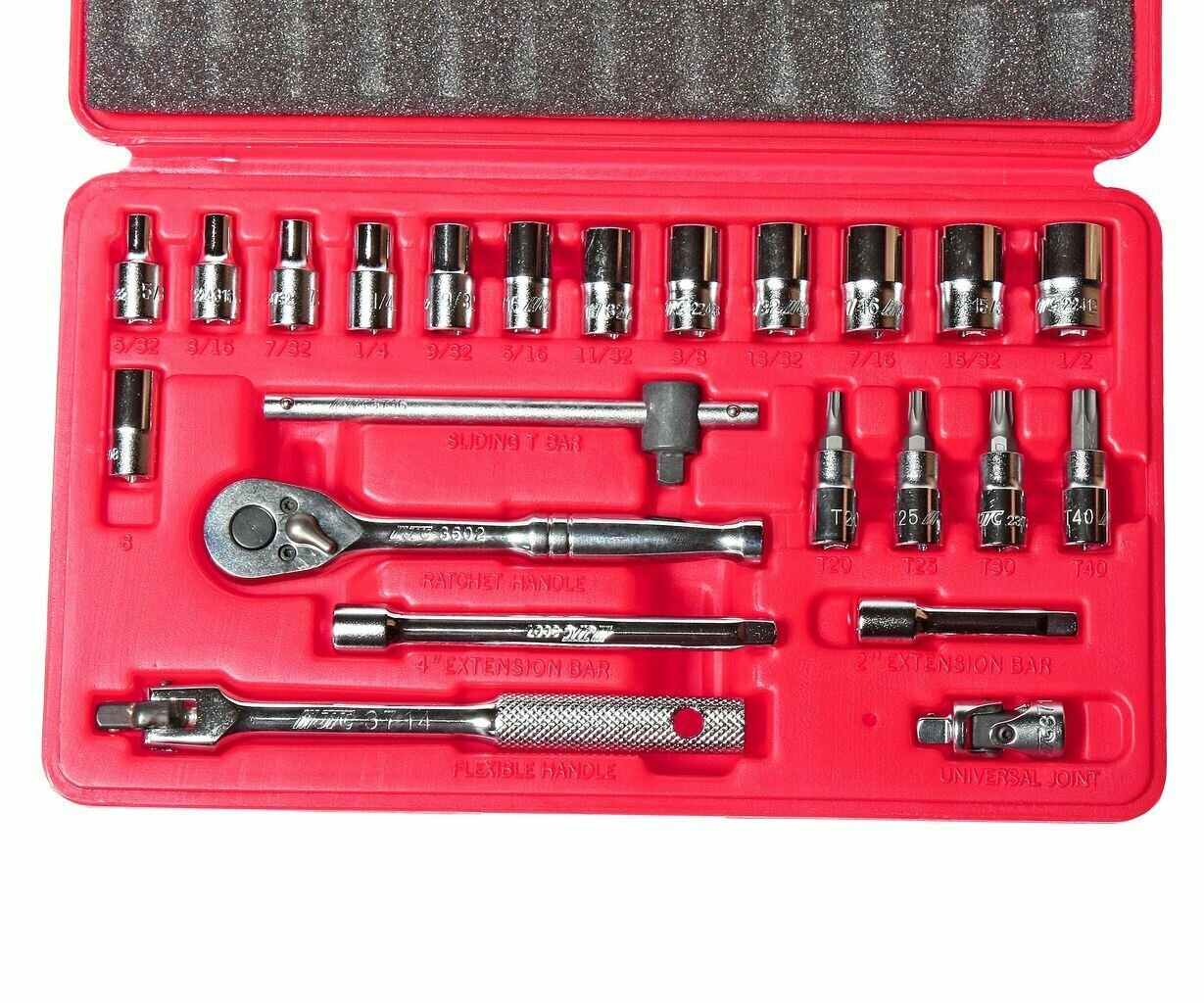 Набор головок торцевых 6-гранных и насадок 1/4" 5/32"-1/2", T20-T40 23 предмета JTC-H223S