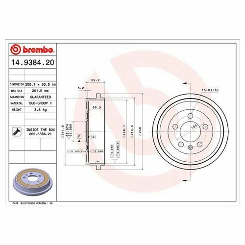 Барабан тормозной Brembo 14.9384.20 для Audi A2 (2000-2005), SEAT Cordoba (2002-2009), SEAT Ibiza (2002-2009)