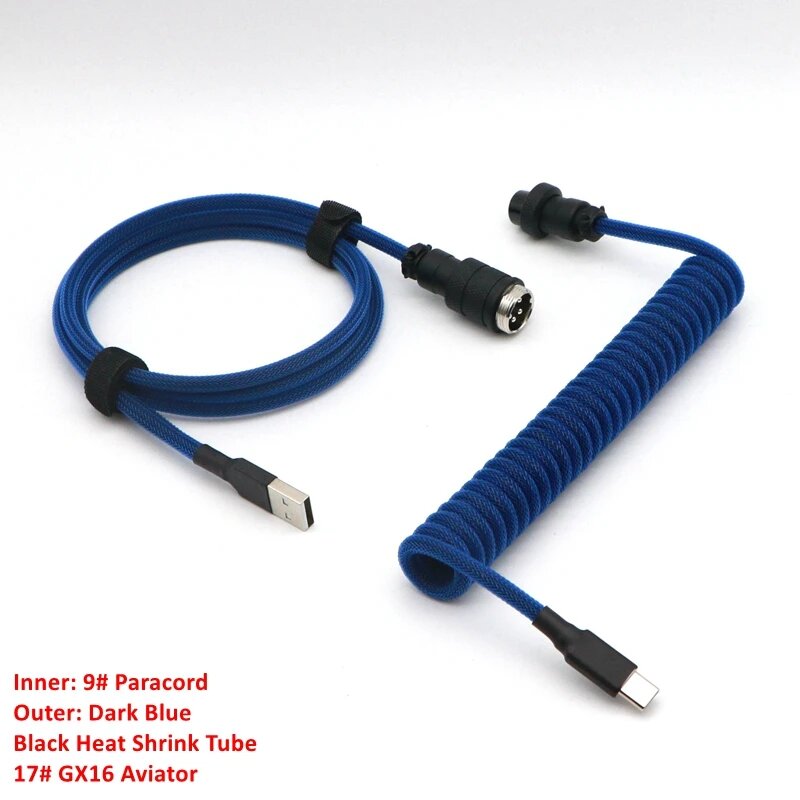 Unyisi спиральный кабель USB-A — Type-C Micro Mini-USB для механической клавиатуры с авиатором GX16 Mini USB, 9-Dark Blue