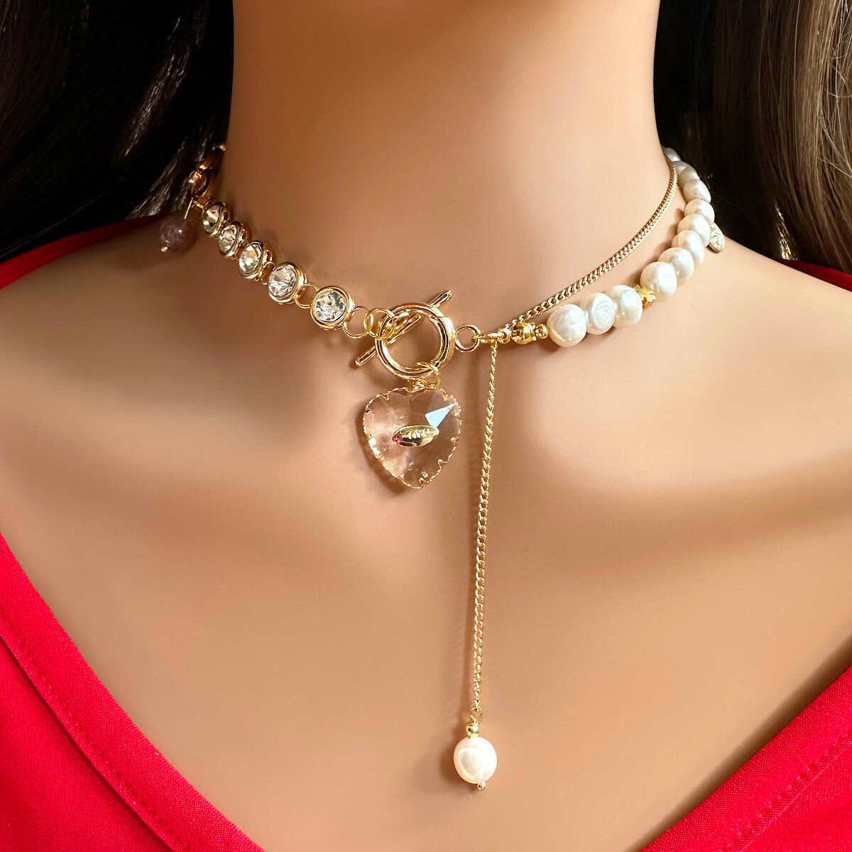 Колье, жемчуг имитация, кристалл