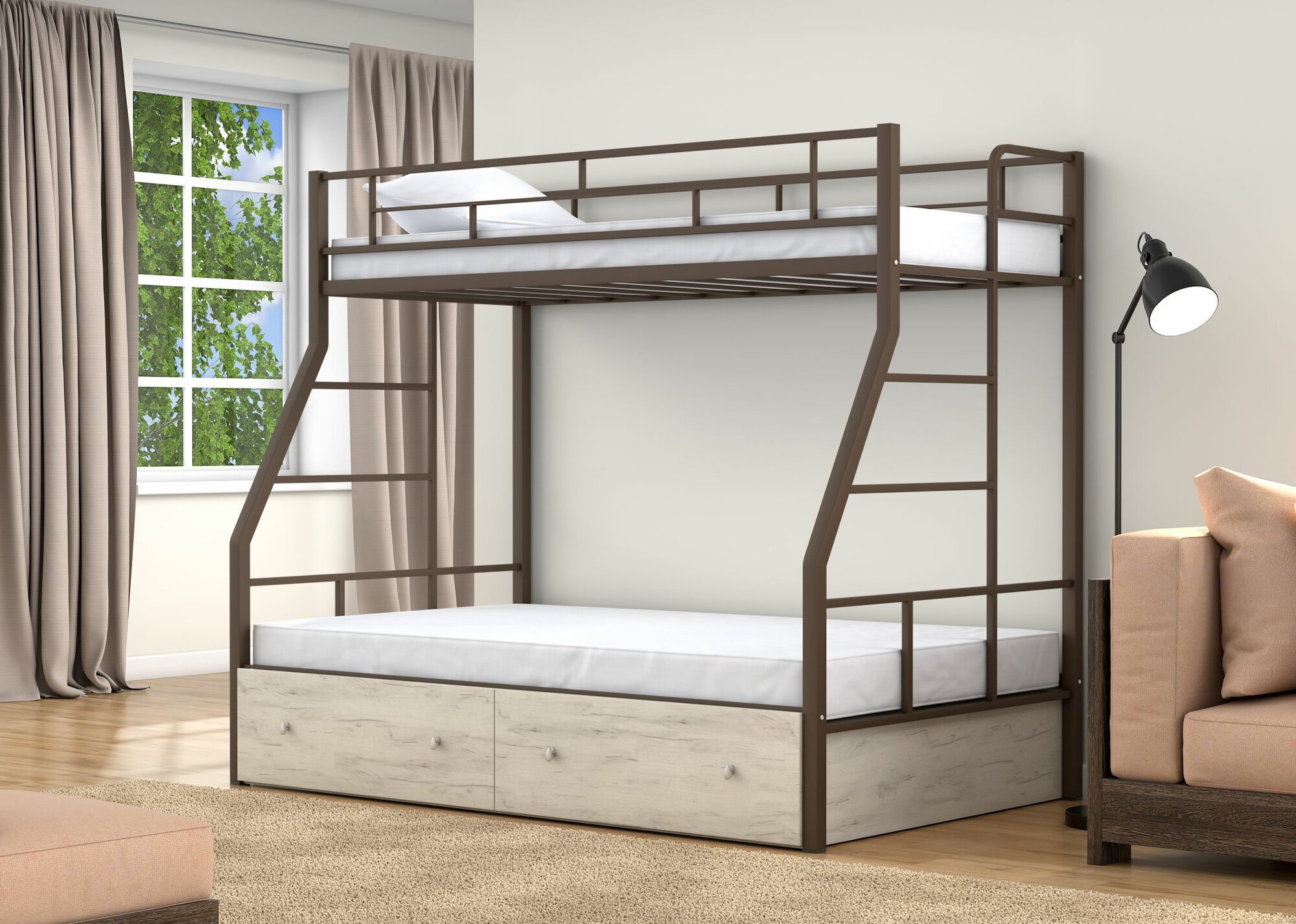 Двухъярусная кровать Раута Твист Коричневый ящики Дуб крафт белый