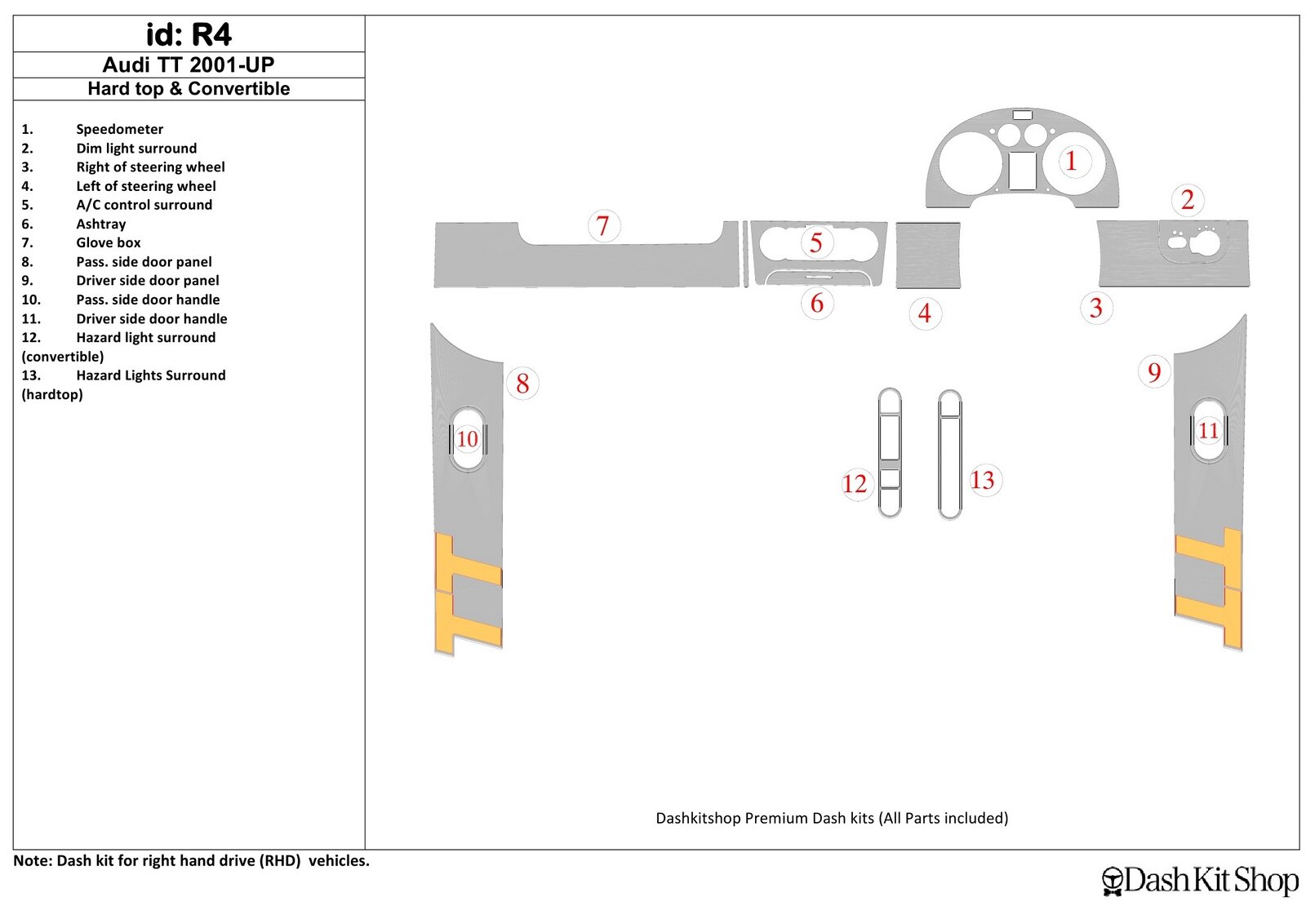 Накладки салона под дерево, карбон, алюминий для Audi TT 2001-UP. Комплект R4.