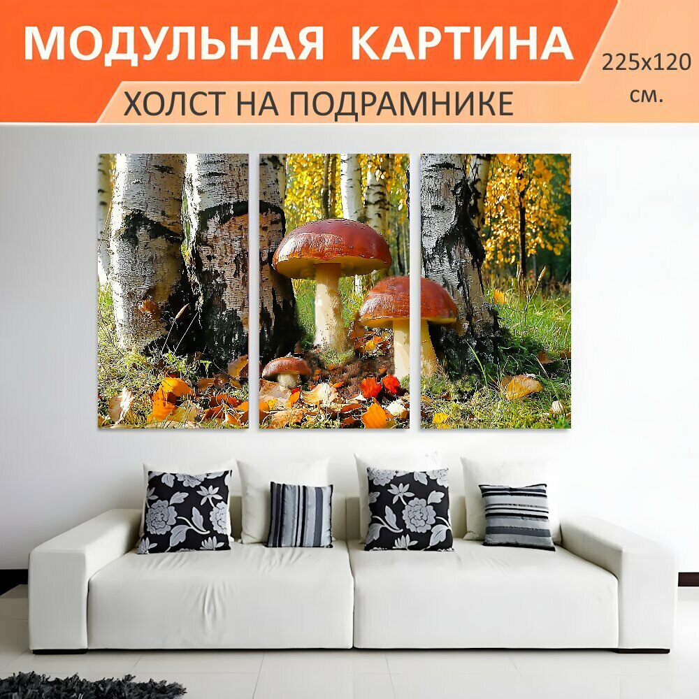 Модульная картина на холсте "Грибы в лесу Лес Осенние пейзажи" триптих на подрамнике 225х120 см. для интерьера