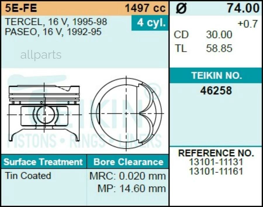 TEIKIN 46258 050 Поршни (к-т 4 шт) TOYOTA CALDINA/COROLLA/SPRINTER 5EFE 94-00