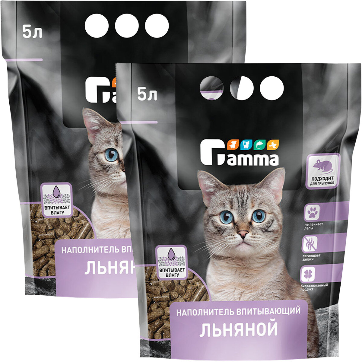 GAMMA наполнитель впитывающий льняной для туалета кошек 5 + 5 л
