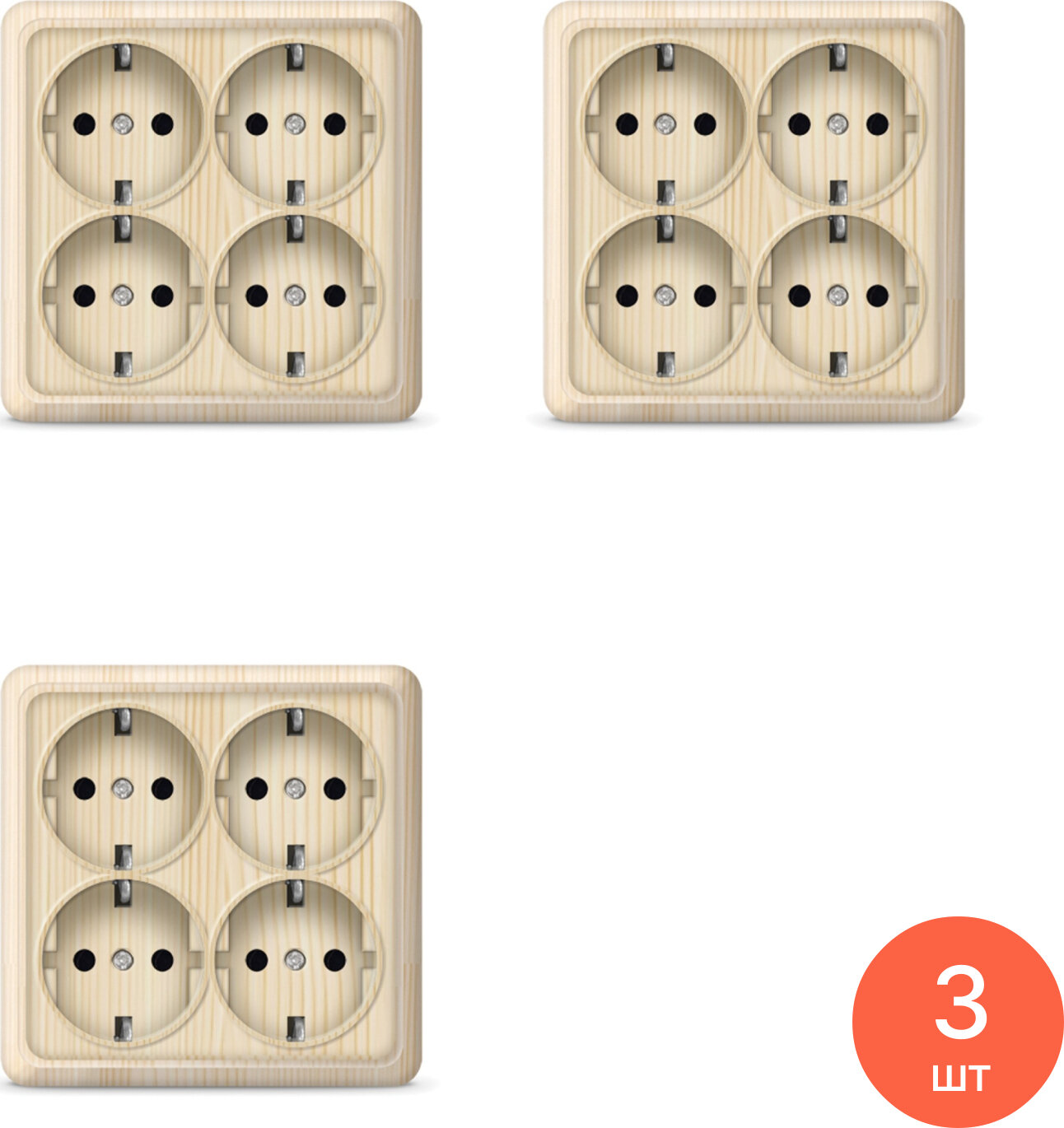 Розетка силовая штепсельная UNIVersal / Юниверсал Олимп ОП 16А 220В сосна квадратная, четырехместная с заземляющими контактами, 1177 / электрооборудование (комплект из 3 шт)