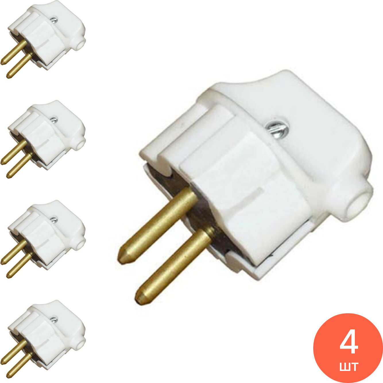 Вилка электрическая В6-005 угловая без заземляющих контактов из АБС-пластика, белая, степень защиты IP20, 16А / электрика (комплект из 4 шт)