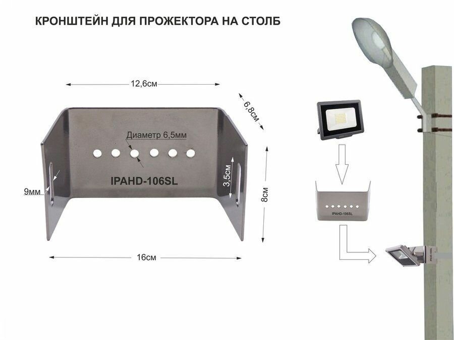Кронштейн мини для прожектора на столб серебристый под СИП-ленту, зазор 150мм