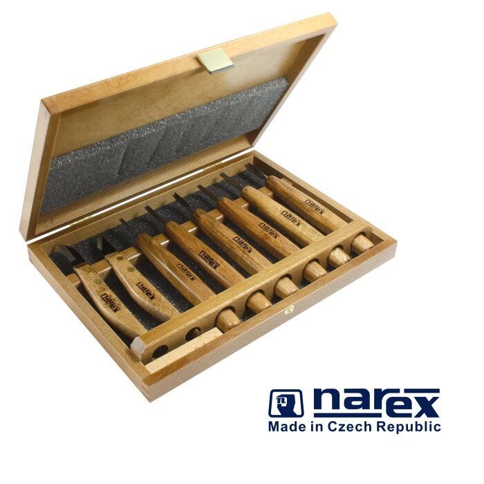 Набор из 6 резцов и 2 ножей в деревянной коробке Narex Profi 869010 для резьбы по дереву