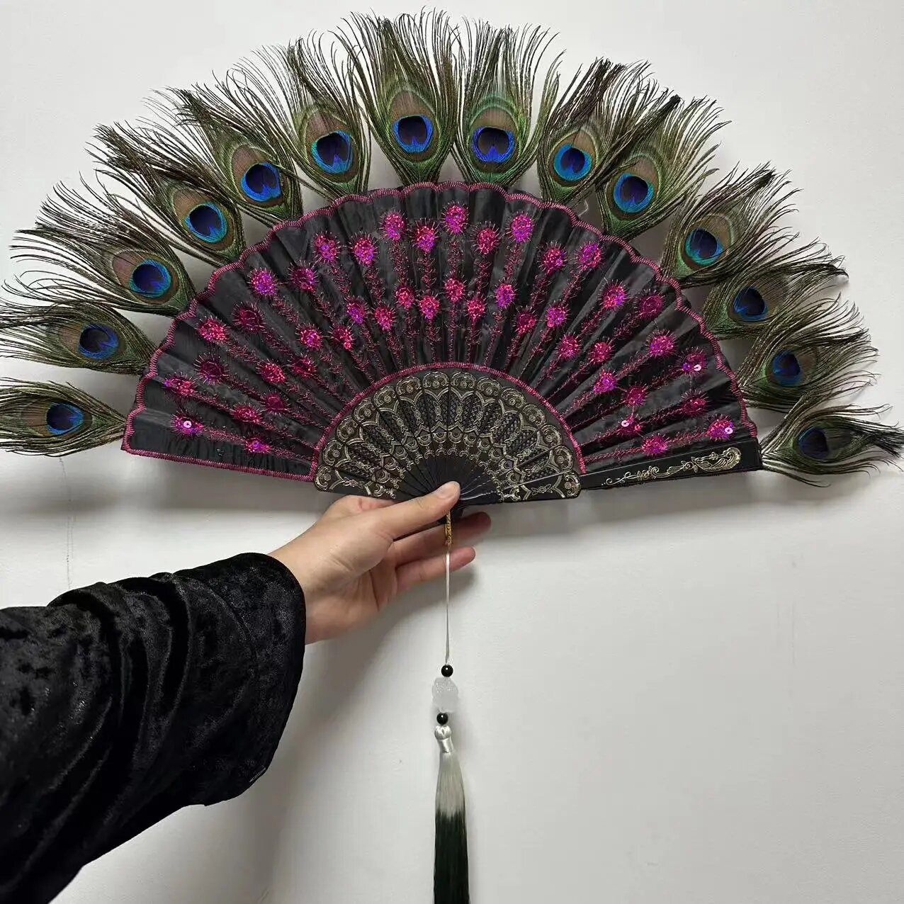 Складной веер с перьями павлина Rose Pink
