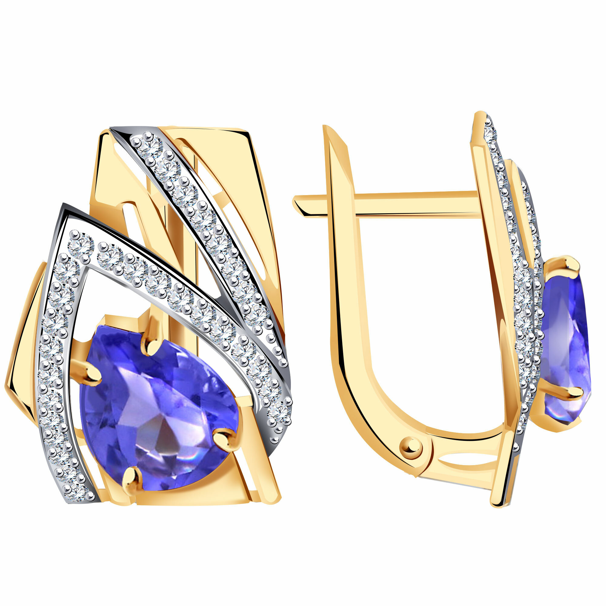 Серьги, красное золото, 585 проба, фианит, танзанит