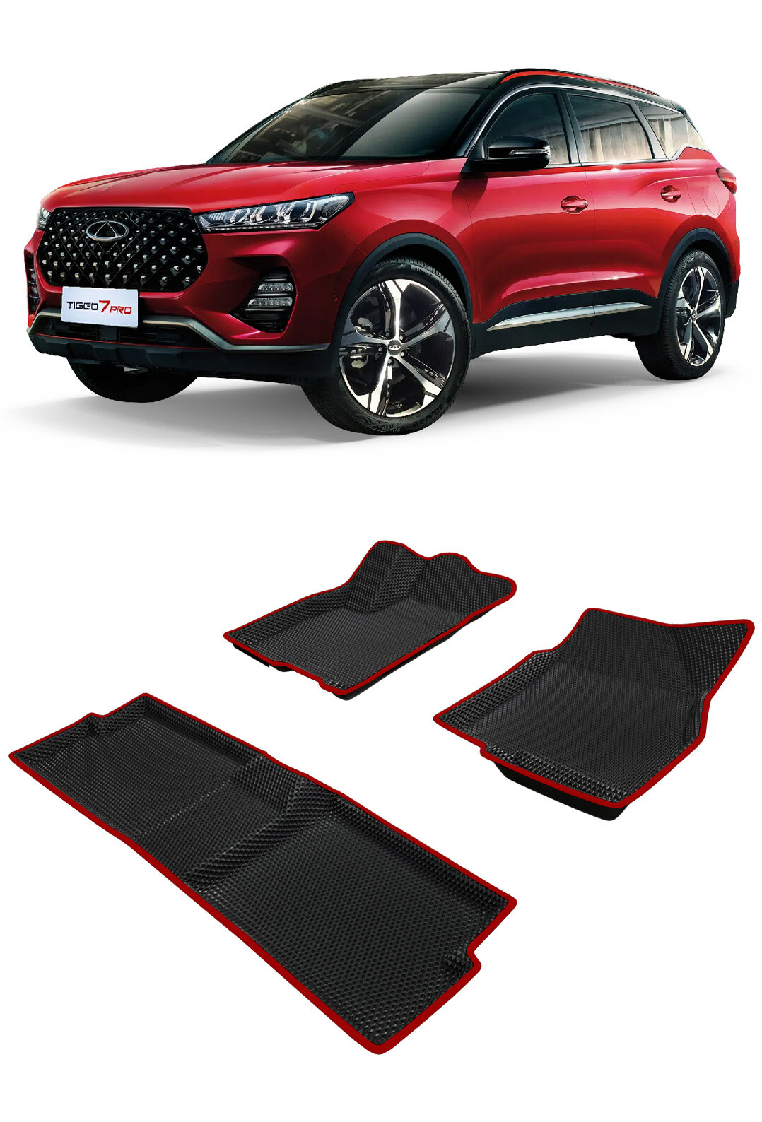 Ева коврики Chery Tiggo 7 pro I пресс борта 2020 -/ Ева ЭВА ромб/ цвет Черный c красной окантовкой / EVA Smart / коврики в салон автомобиля Чери