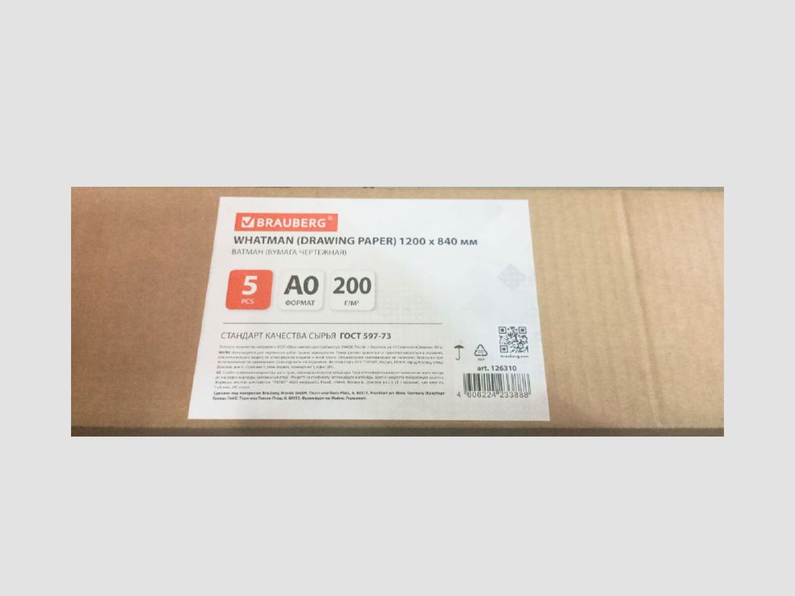 Ватман формат А0 (1200 х 840 мм), гознак С-Пб, плотность 200 г/м2, комплект 5 листов, BRAUBERG