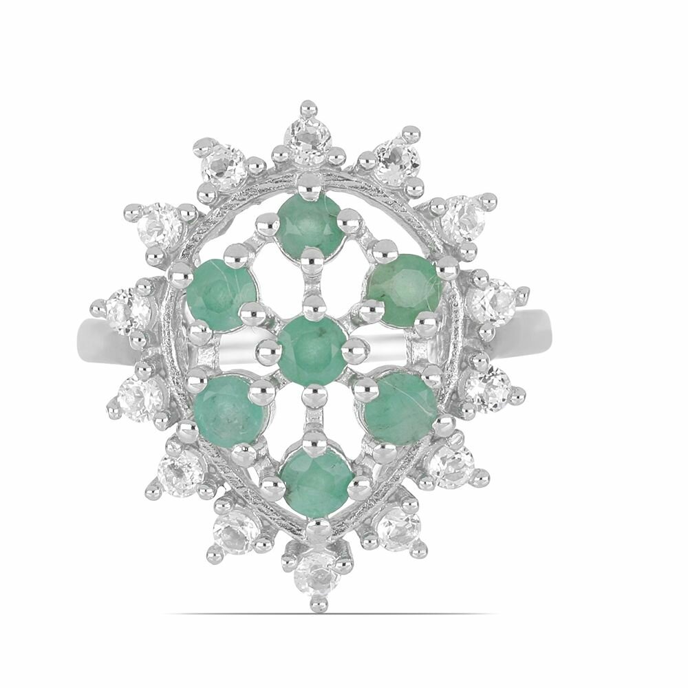 Кольцо, серебро, 925 проба, родирование, изумруд, топаз