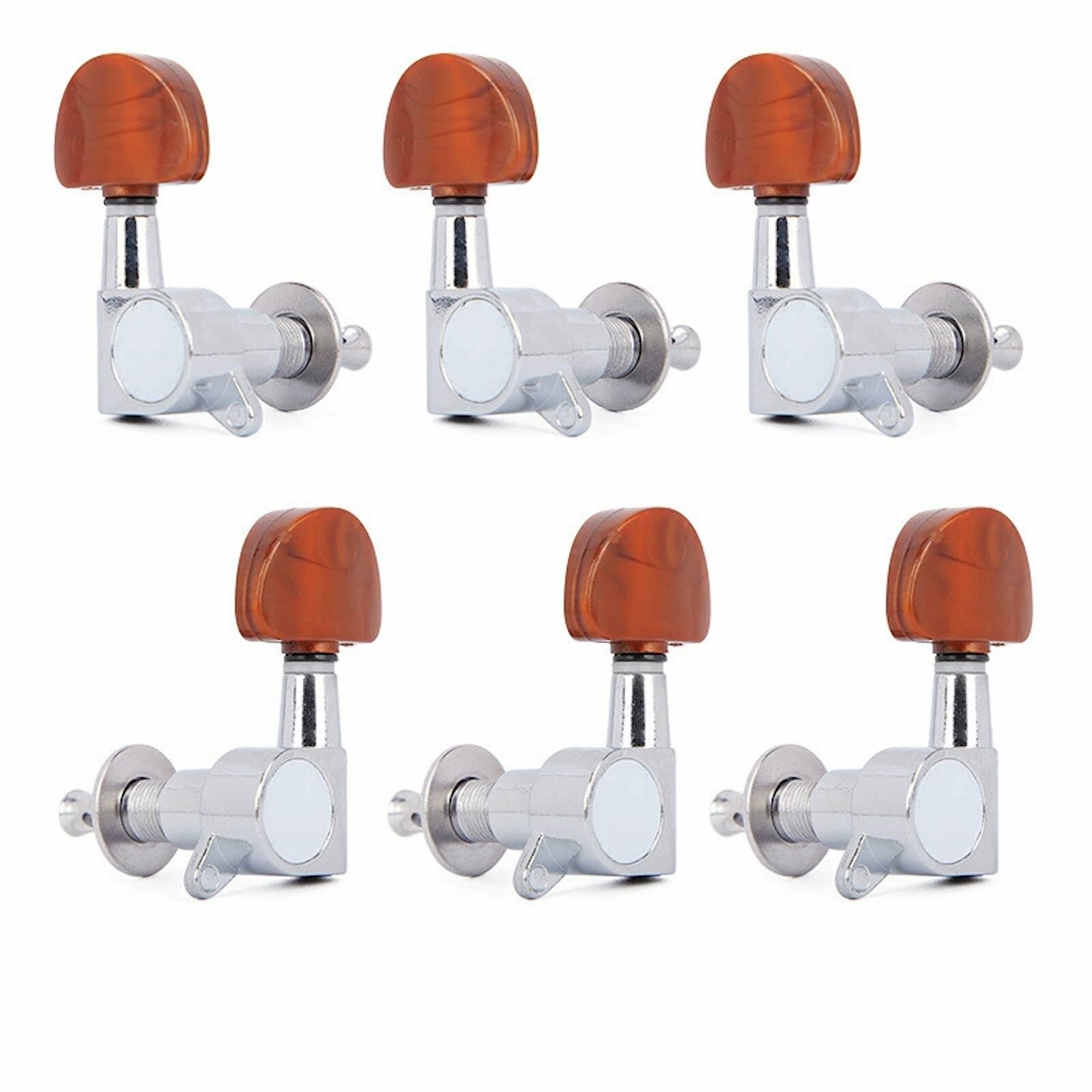 Комплект одиночной колковой механики 3+3 для акустической гитары без втулок. Ручки шоколадный перламутр. 1 отверстие для струн.