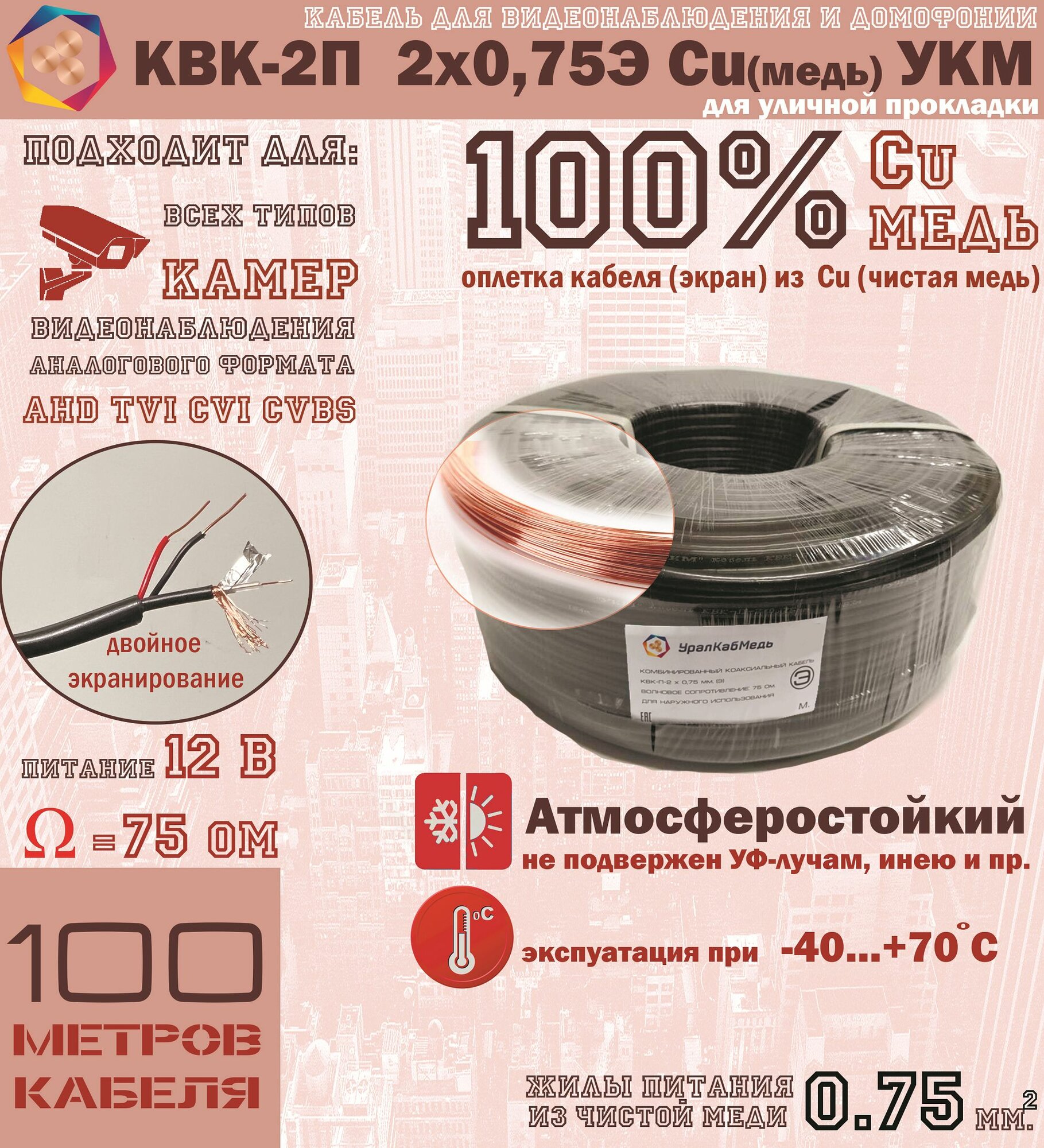 Кабель для видеонаблюдения с экраном КВК-2П 2Х0,75Cu 100% медь для уличной прокладки (бухта 100м) в комплекте с разъемами BNC и питания