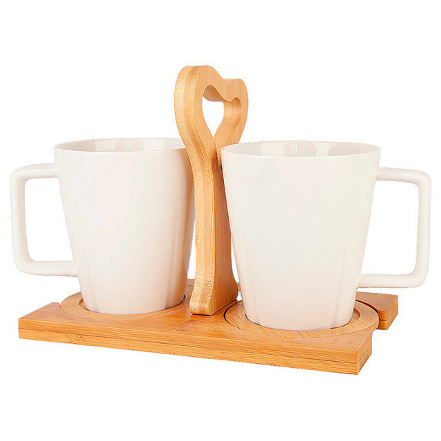 NOUVELLE HOME Naturel набор кружек 2 шт 360 мл фарфор на подставке из бамбука