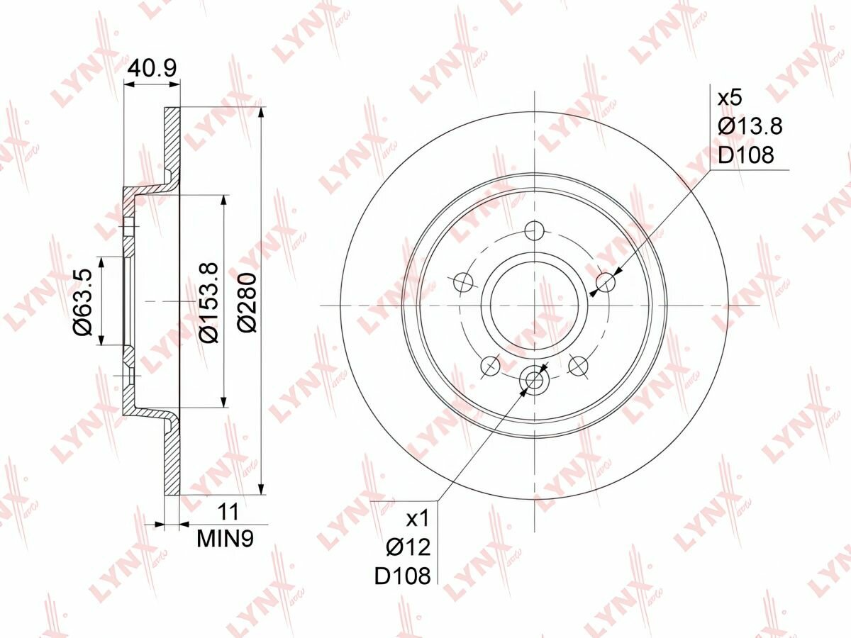Диск тормозной задний (280x11), для Форд Симакс, Фокус 2, Симакс, Вольво S40 2, V40 арт BN1021 LYNXAUTO