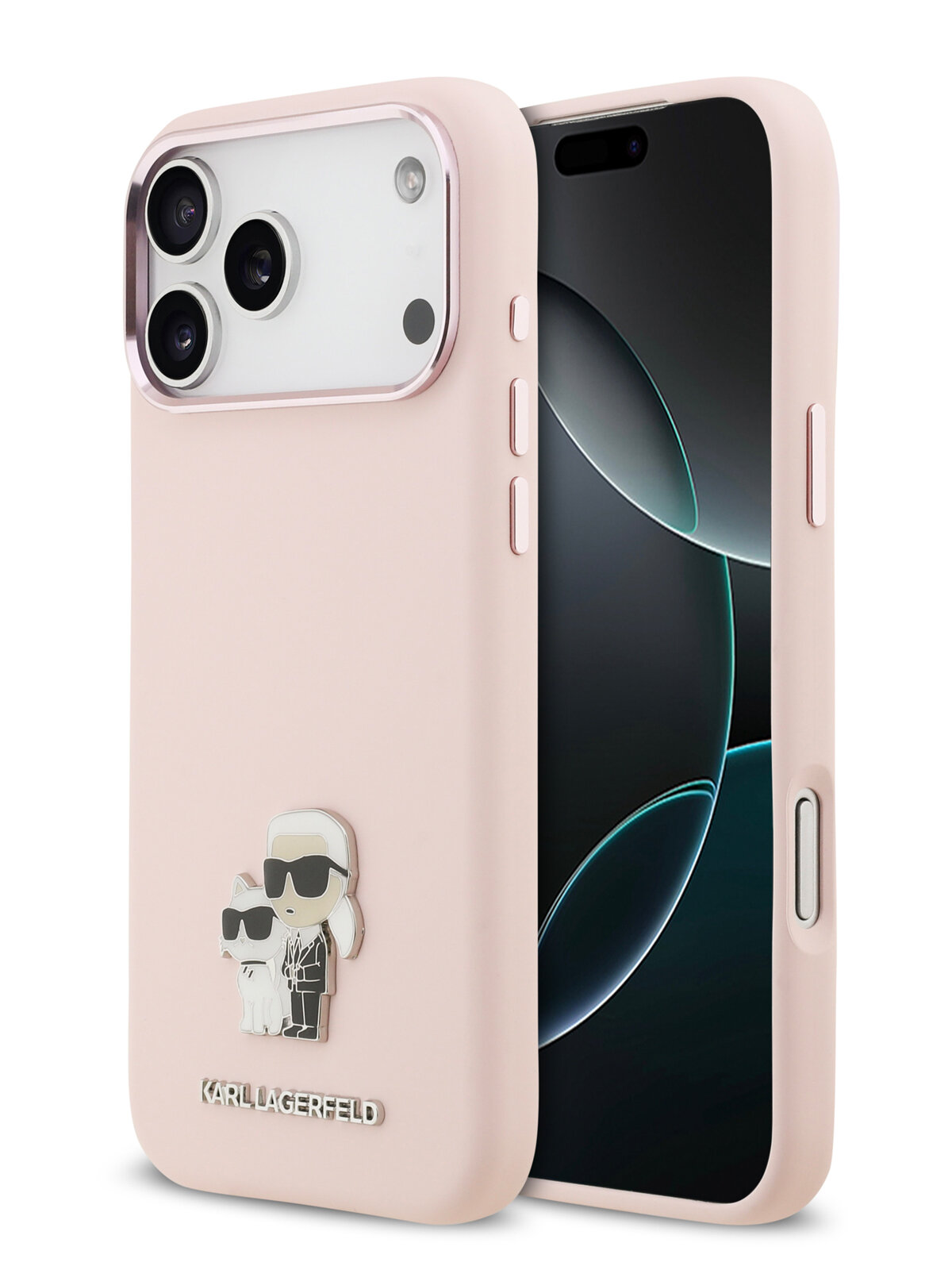 Чехол Karl Lagerfeld на iPhone 17 Pro Max, силиконовый Liquid silicone, Soft touch, с металлической фурнитурой, розовый