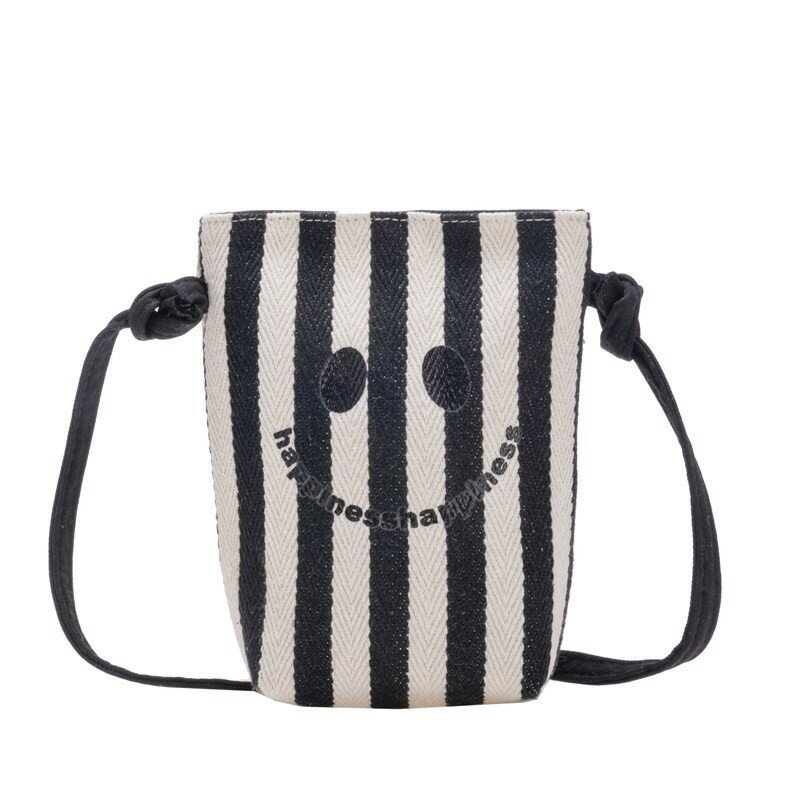 Очаровательная полосатая детская холщевая сумка с игривым смайликом, идеальная для повседневных прогулок, черная