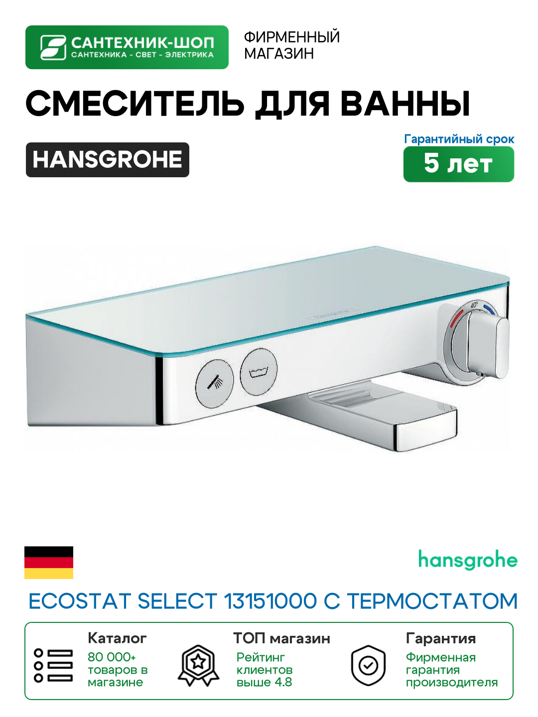 Смеситель для ванны Hansgrohe Ecostat Select 13151000 с термостатом Хром латунь на стену