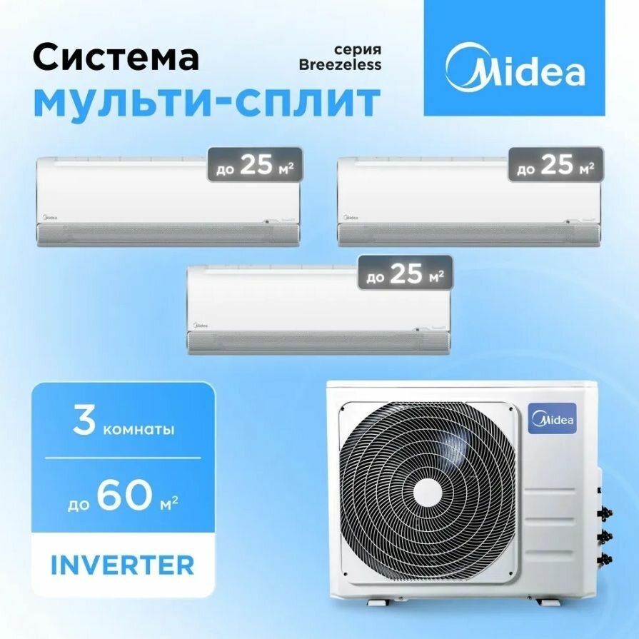 Мощная мульти сплит-система для 3-х комнат Midea M3OG-21HFN8-Q1/MSFA2-09N8D6-I*3 (25 кв. м. + 25 кв. м. + 25 кв. м.)