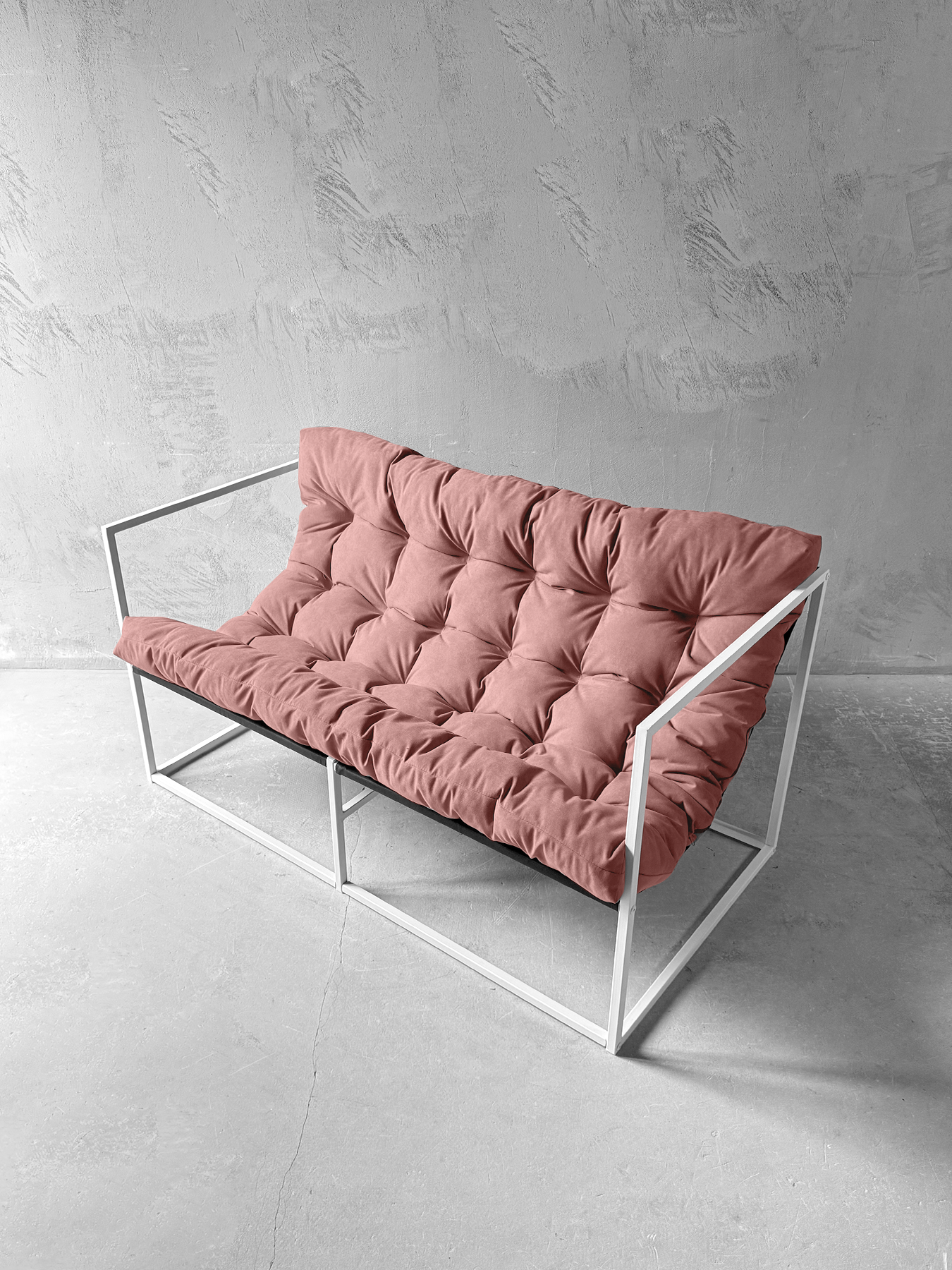 Диван лофт прямой, уличный, в офис, на балкон, на веранду, в гостинную, кухонный, Лофтовик + велюр розовый , белый каркас