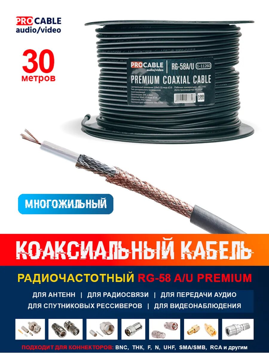 Коаксиальный кабель RG-58 A/U PREMIUM (30 метров)