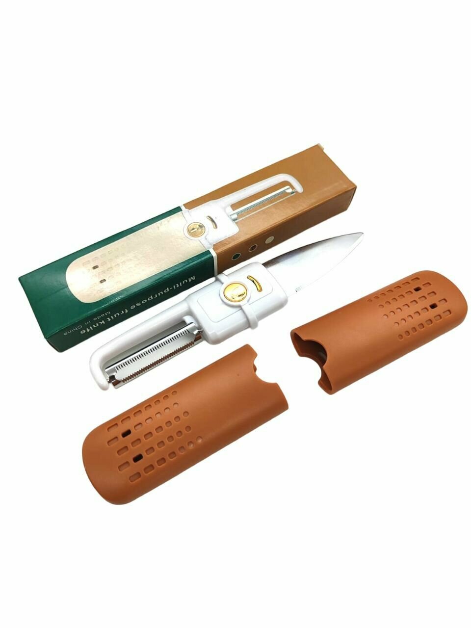 Овощечистка с фруктовым ножом 2в1 в футряре, коричневый