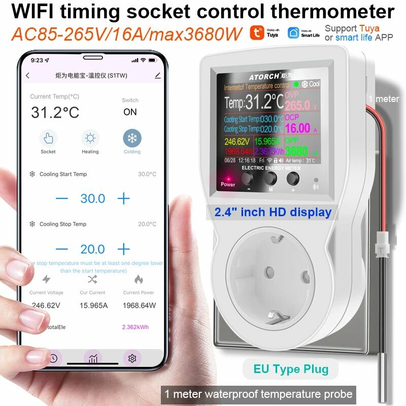 ATORCH Терморегулятор WiFi с розеткой, EU, Waterproof NTC