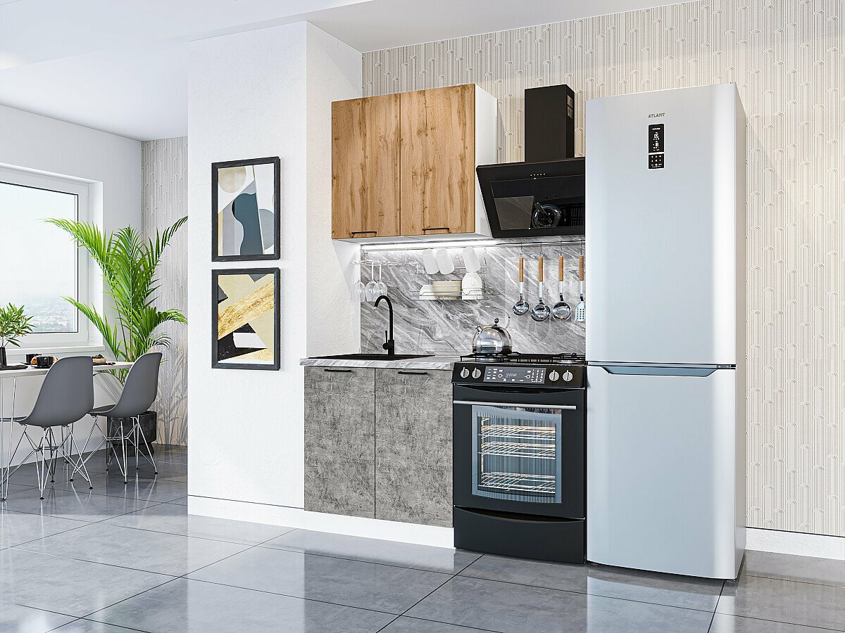 Кухня Флэт-03, цвет фасада Wotan Oak 2S/Temple Stone 2S, цвет каркаса Белый, 2140*800*600 мм