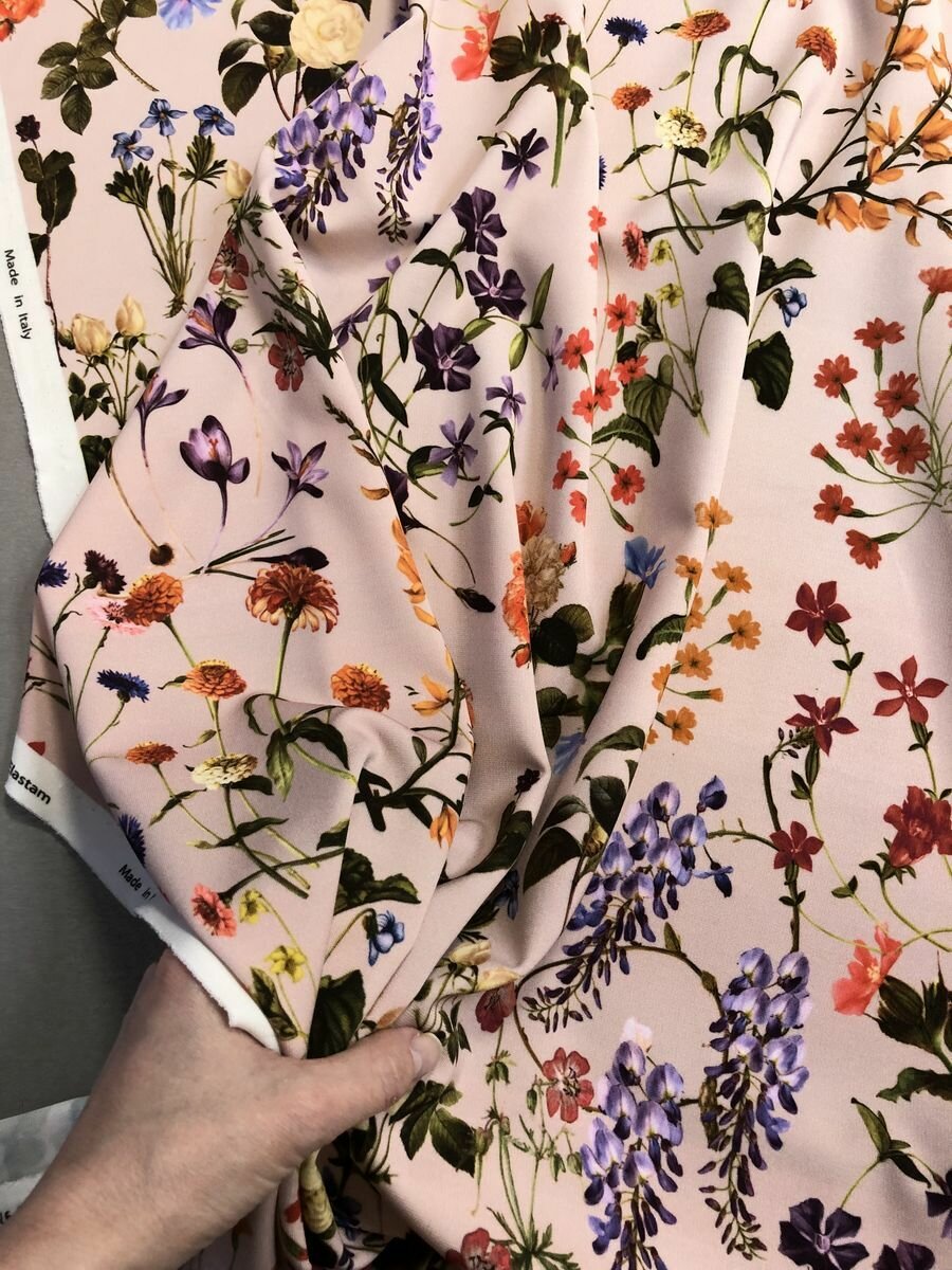 Ткань Джерси-трикотаж цветочный розовый принт Италия