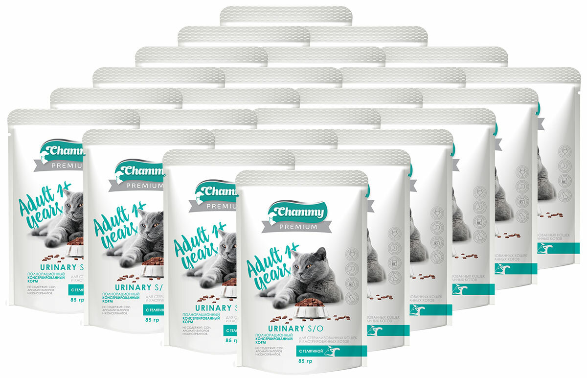 CHAMMY PREMIUM URINARY S/O для кастрированных котов и стерилизованных кошекс телятиной пауч 85 гр 85 гр х 24 шт