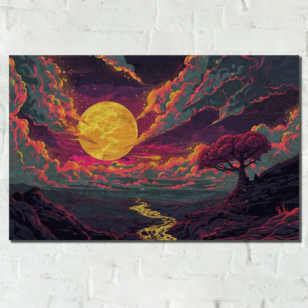 Картина интерьерная на рельефной доске космос природа (луна, рассвет, закат, солнце, звёзды) - 15639