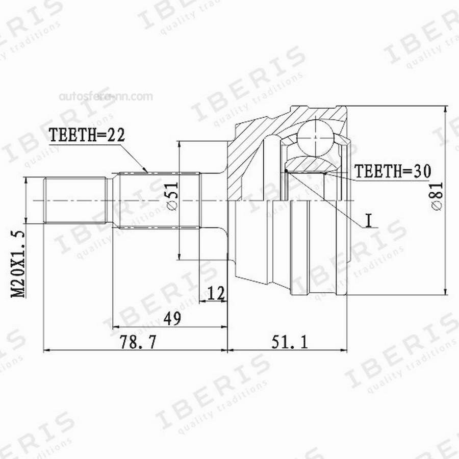 IBERIS IB6012 ШРУС наружный (30Х51Х22) VOLKSWAGEN GOLF III (1H_) -98/AUDI 80 B3 (893, 894, 8A2) -91